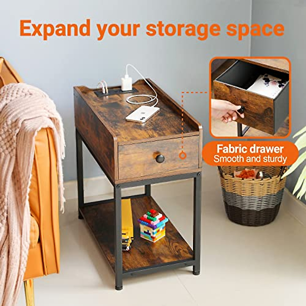 AMHANCIBLE End Table Living Room with Charging Station, Narrow Nightstand with USB Ports & Power Outlets, Slim Bedside Table for Small Spaces, Bedroom, Rustic Brown HET04LDBR1