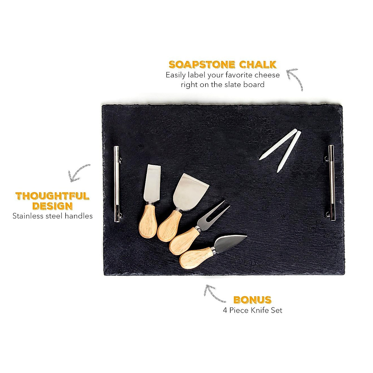Slate Cheese Board - 7 pc Serving Tray Set 16"x12" Large - Stainless Steel Handles - Soapstone Chalk - 4 Cheese Knives - Foam Protective Feet by Proper Goods