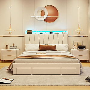 Fameill Full Size Bed Frame with Storage Headboard and 3 Drawers,Upholstered Platform Bed with Charging Station,Full Bed Frame with LED Lights,No Box Spring,Beige