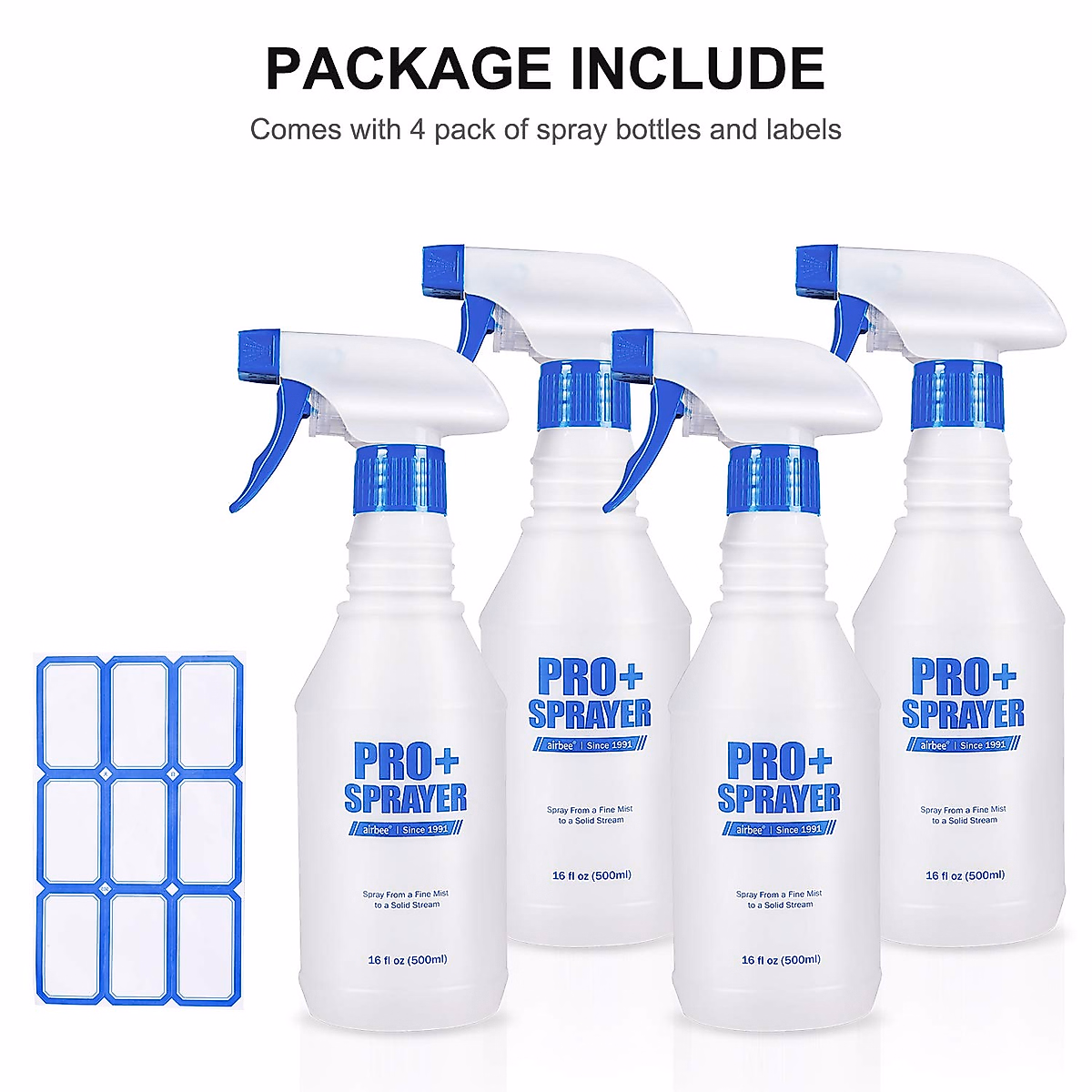 airbee Plastic Spray Bottles 4 Pack 16 Oz for Cleaning Solutions, Planting, Pet, Bleach Spray, Vinegar, Professional Empty Spraying Bottle, Mist Water Sprayer with Adjustable Nozzle & Measurements