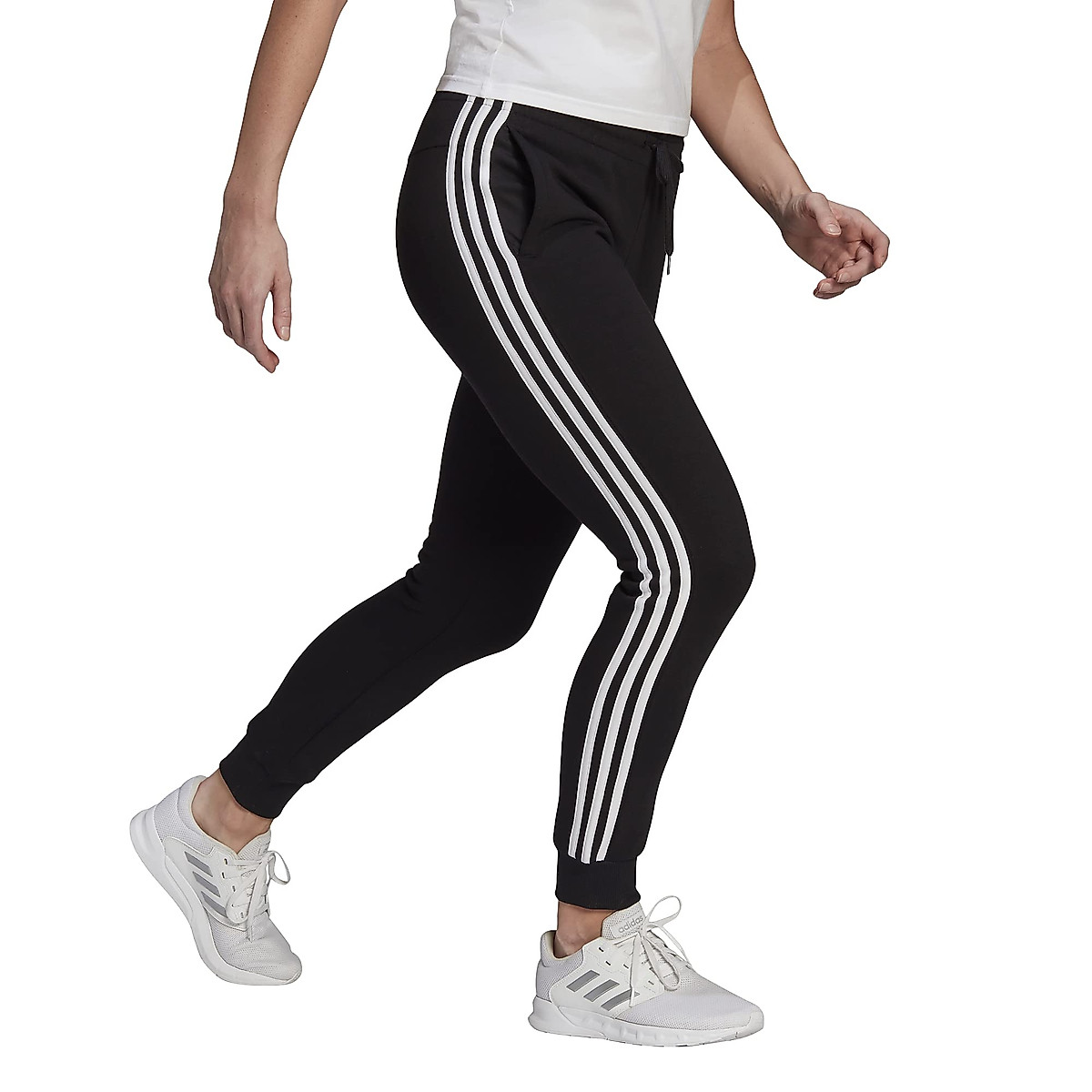 adidas Women's Essentials Fleece Tapered Cuff Pants, Black/White, Medium