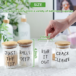 FyndraX Bathroom Organizer Holder Jars Set of 4, Funny Decor Qtip Glass Canister Containers for Guest Room, Restroom and Washroom Storage of Cotton Ball, Cotton Swab, Cotton Round Pads, Floss