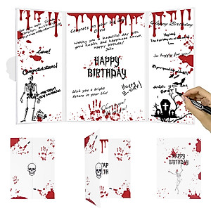 DARUNAXY Halloween Birthday Party Decorations, Red Halloween Happy Birthday Alternative Signature Guest Book Birthday Gifts on Halloween Skull Ghost Birthday Signing Card Party Supply Day of The Dead