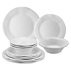 Supreme Housewares 12-Piece Melamine Dinnerware Set, Includes Dinner Plates, Salad Plates, Bowls, Service for 4. (Beaded)