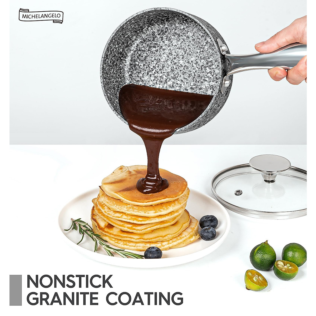 MICHELANGELO Saucepan with Lid 3 Quart, Ultra Nonstick Sauce Pan with Non toxic Stone-Derived Coating, Sauce Pot with Lid, Stone Saucepan with Lid, 3 Quart Sauce Pan