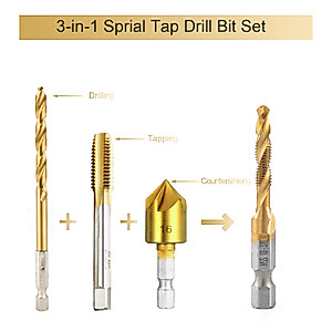 HIDOTOL Titanium Combination Drill and Tap Bits Set with Quick Change Adapter, 13 PC SAE/Metric Screw Taps, 3-in-1 Bit Tool for Drilling, Tapping and Countersinking