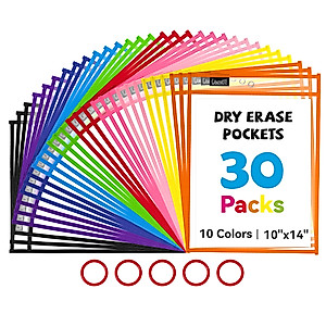 Gamenote Dry Erase Pockets 30 Pack with Rings - Oversized Reusable Plastic Sleeves Shop Ticket Holders Sheet Protectors Teacher Supplies for Classroom Organization (Colorful)