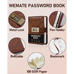 WEMATE Password Book with Lock, Password Book with Alphabetical Tabs 600+ Password Spaces, Password Logbook with Lock, Password Keeper for Computer 4.33 X 6.18 Inch Brown