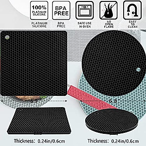 Silicone Trivet Pot Mat, Silicone Pot Holders for Hot Pan and Pot Pads. Heat Resistant Counter Mats for Tables Placemats,Countertops, Spoon Rest and Large Coasters,4 Pack Black(2 Squared + 2 Round)