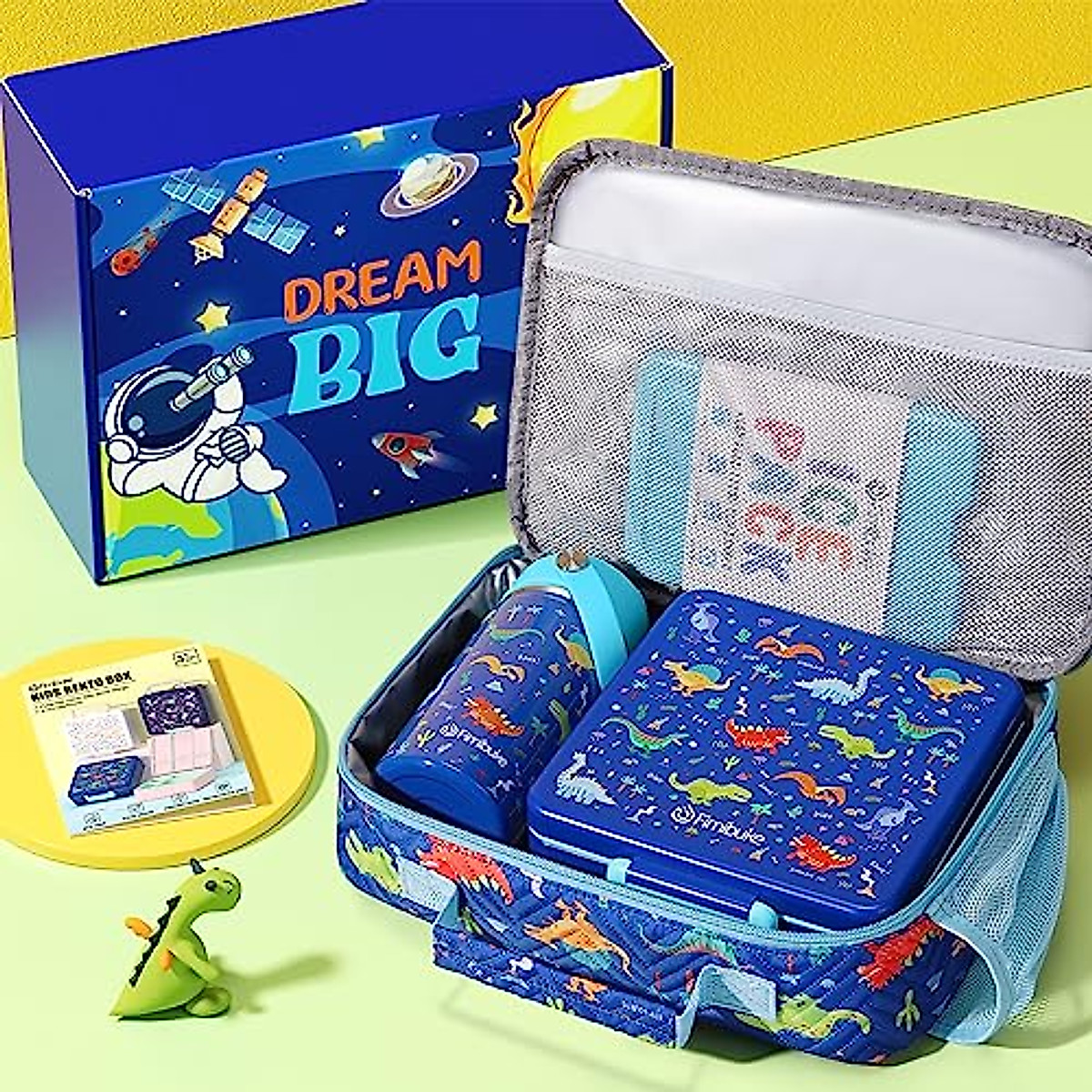 Fimibuke Kids Bento Lunch Box with 4 Compartments, Insulated lunch Bag, Stainless Steel Insulated Water Bottle, Ice Pack & Utensils, Birthday Gift for Ages 3-12 Back to School Toddler Girls Boys
