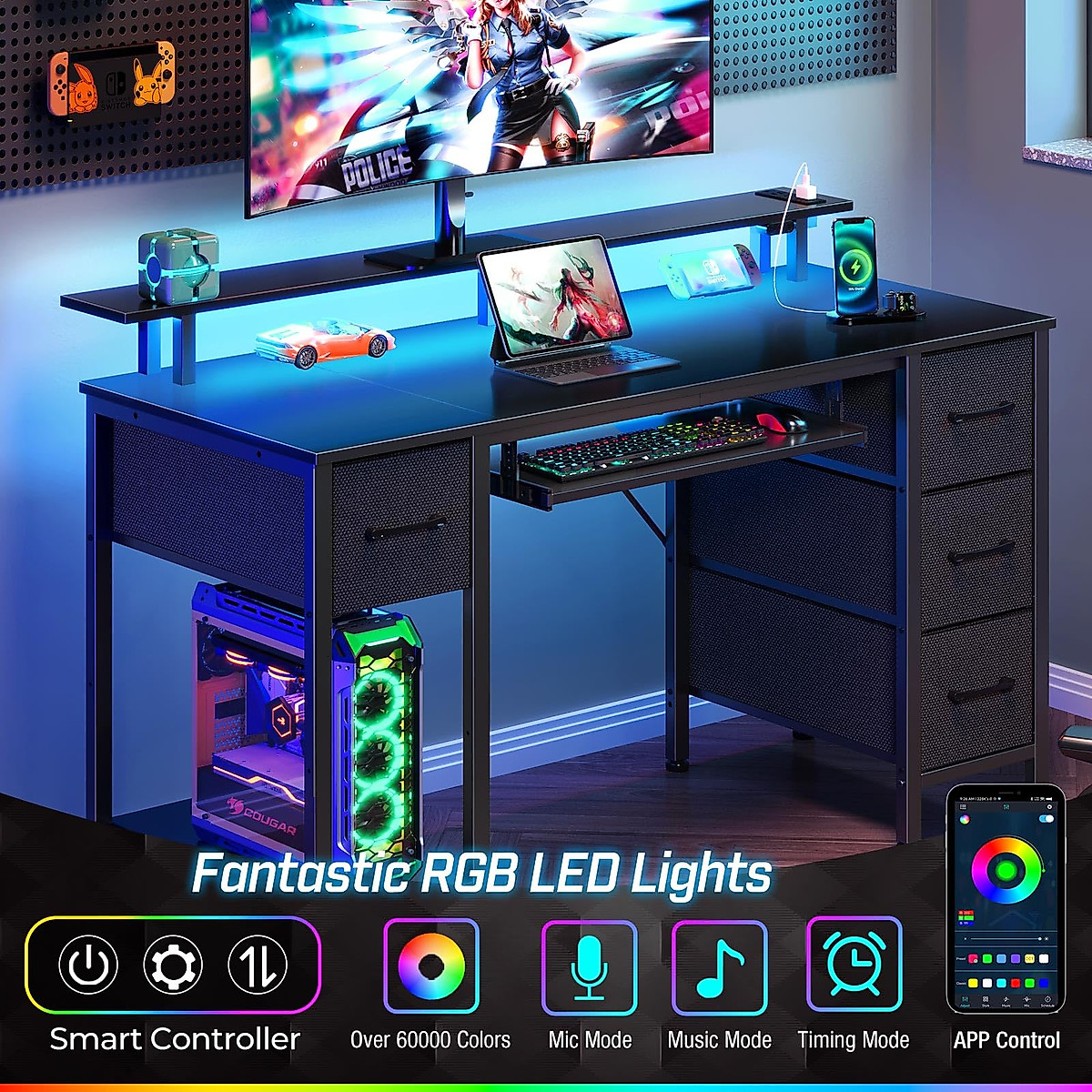Seventable Computer Desk 47.2" with LED Lights & Power Outlets, Home Office Desk with 4 Drawers, Writing Desk with Keyboard Tray, Study Desk with Monitor Stand, Work Desk for Home Office, Black