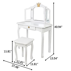 Children's Princess Dressing Table,Princess Dressing Table with Drawers and Tri-fold Mirror,Children's Dressing Table with Chair Set, Detachable Top Study Table,White