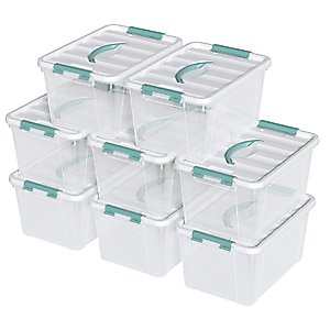 Uumitty 14 Quart Stackable Storage Bin with Latching Lid, Plastic Container Box to Organize Office, Crafts, Clear Base and White Lid, 8-Pack