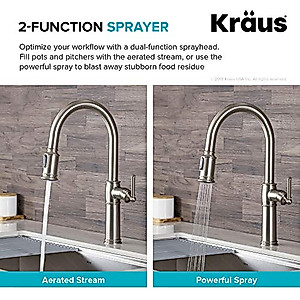 KRAUS Sellette Traditional Spot Free Stainless Steel Single Handle Pull-Down Kitchen Faucet with Deck Plate and Soap Dispenser, KPF-1682SFS-KSD-80SFS