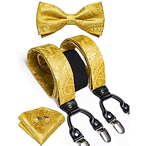 DiBanGu Gold Paisley Suspenders for Men Y-Shape Adjustable Suspenders Bowtie Pocket Square Cufflinks Clip Brace