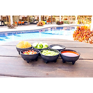 6 Pack Salsa Black Molcajete, Mexico Serving Dish, Chips, Sauce Cup, Side Dish, Snack, Dip, Nuts Candy for Taco Fiesta, Perfect for Parties, Events, or Any Use! (Black Wavy Edge, 6 Pack)