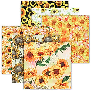 Sunflower Fabric,6 PCS Spring Fall Floral Polyester Fat Quarters Fabric Bundles 20 x 20 inches,Yellow Orange Black Sunflower Sewing Polyester Vintage Cotton Fabric Material For Sewing Clothes Quilting