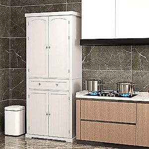 SILKYDRY 72" Tall Kitchen Pantry Cabinet, Freestanding Cupboard w/ 4 Doors & 1 Drawer, 6 Hanging Shelves & 4 Adjustable Shelves, Versatile Storage Cabinet for Dining Room, Laundry, Living Room, White