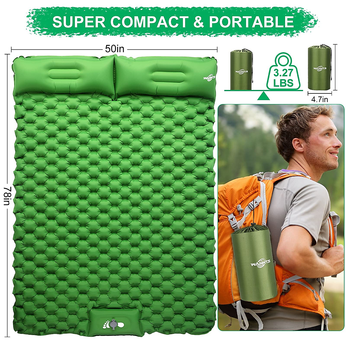 WANNTS Double Sleeping Pad, Ultralight Inflatable Sleeping Pad for Camping, Built-in Pillow, Ultimate for Camping, Hiking - Airpad, Carry Bag, Repair Kit - Compact & Lightweight Camping Pad(Green)