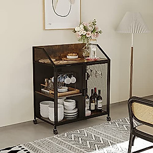 Easyzon Industrial Coffee Bar Cabinet, Rolling Liquor Cabinet Bar for Home with Metal Mesh Doors, Bar Unit on Wheels