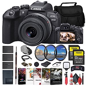 Canon EOS R10 Mirrorless Camera with 18-45mm Lens (5331C009) + 2 x Sony 64GB Tough SD Card + Filter Kit + Bag + 2 x LPE17 Battery + Card Reader + LED Light + Corel Photo Software + More (Renewed)