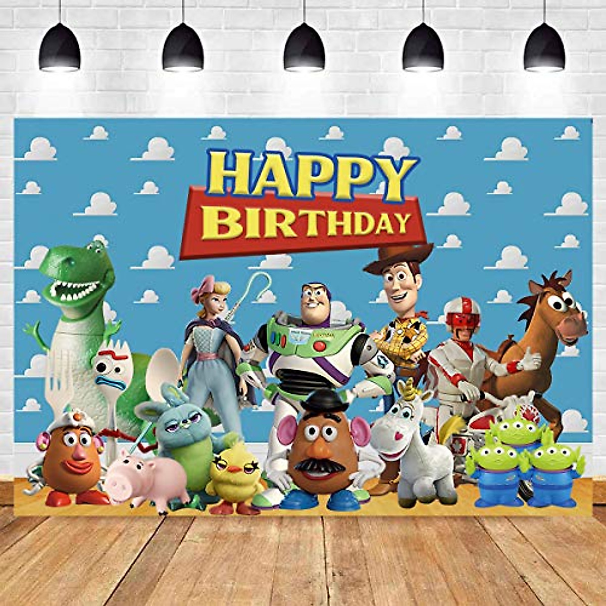 Toy Story Theme Happy Birthday Party Photography Backdrops Blue Sky White Clouds Indoor Banner 5x3ft Kids Birthday Party Photo Background Cake Table Decoration Supplies Studio Booth Props