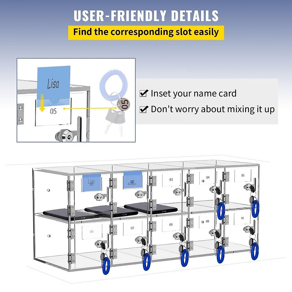 WACTO Acrylic Wall-Mounted Cell Phone Storage Locker with 10 Slots, Door Locks and Keys - Ideal for Office, Classroom, Gym - Clear