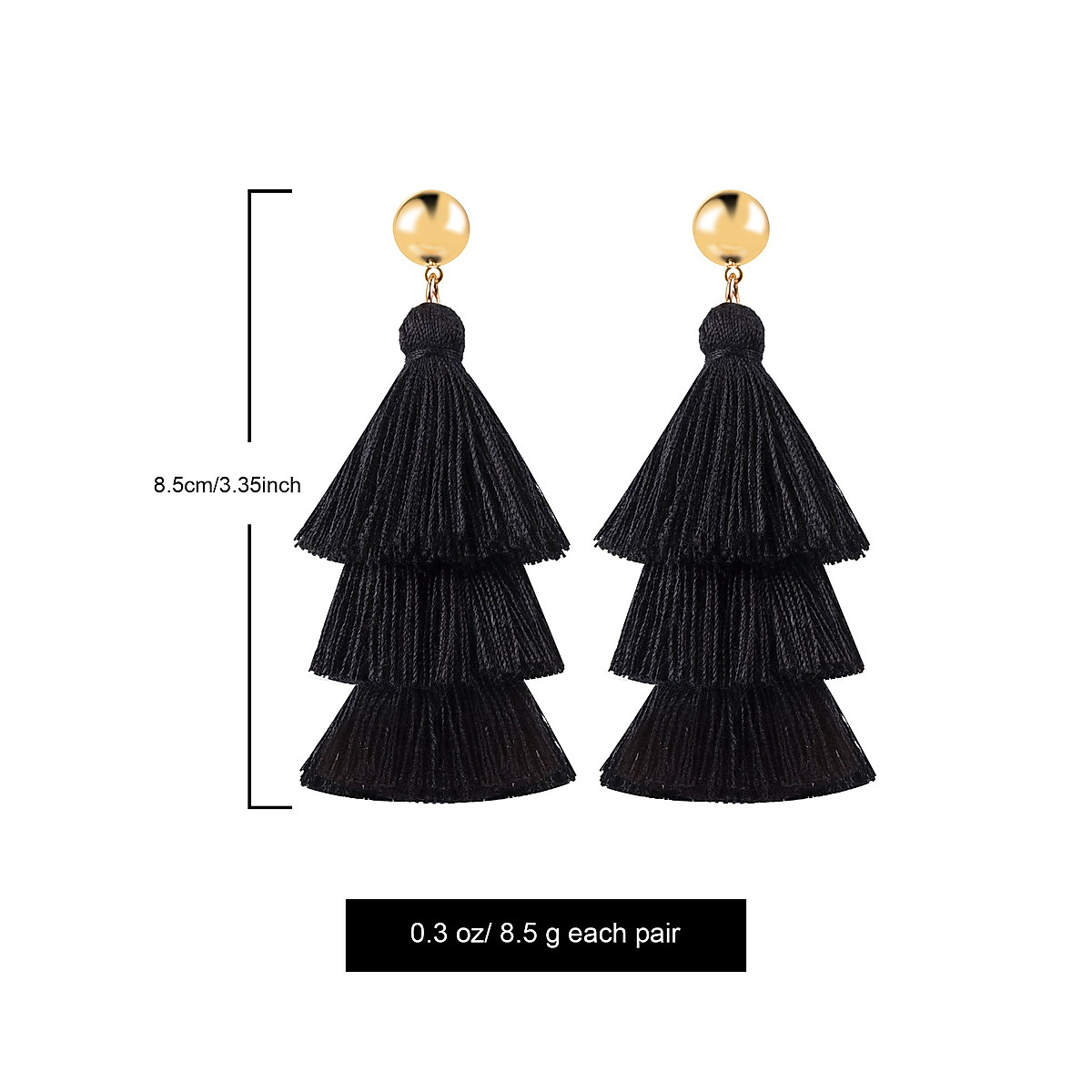 Hestya 2 Pairs Tassel Earrings for Women Girls Handmade 3 Tiered Tassel Dangle Earrings and Gold Hoop Earrings (Black)