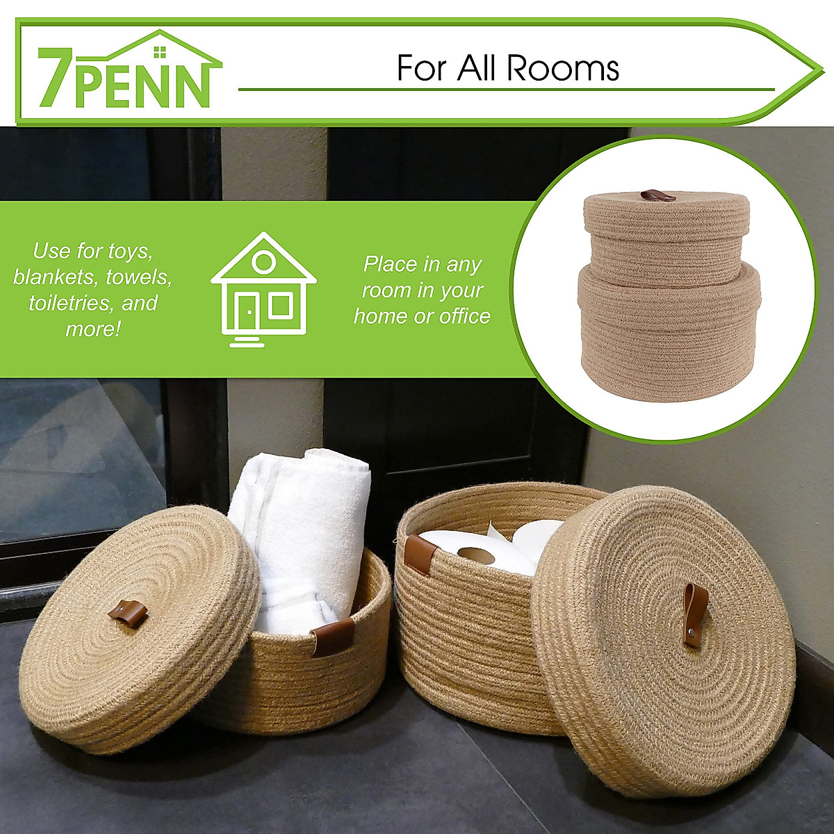 7Penn Jute Baskets - 2pc Round Decorative Natural Jute Rope Woven Storage Basket Set with Lids and Leather Tab Handle