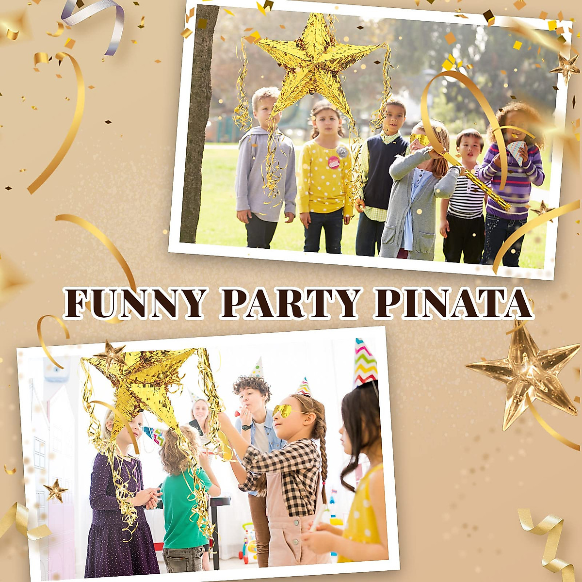 Foil Star Piñata with Blindfold and Bat for Kids Birthday Foldable Star Shape Piñata with Piñata Stick Gold Festive Star Piñata Foil Star Fiesta Party Supplies Favors for Mexican Baby Shower Party