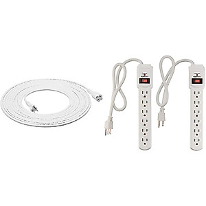 Amazon Basics Extension Cord - 25 feet - US - White & 6-Outlet Surge Protector Power Strip 2-Pack, 200 Joule
