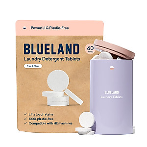 BLUELAND Laundry Detergent Tablets, Starter Set, 60 Count with Tin, Unscented, Plastic-Free Eco-Friendly Pods, Sheets, Liquid Alternative - Natural, Gentle, Non Toxic
