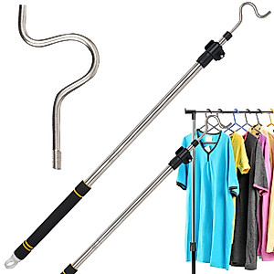Frebuta Clothes Hook Pole, 36" to 65" Long Pole with Hook with Sponge Long Handle Telescoping Pole Stainless Steel Tube S Hook Closet for Reaching Extending Rod Lightweight Hang High Area Top