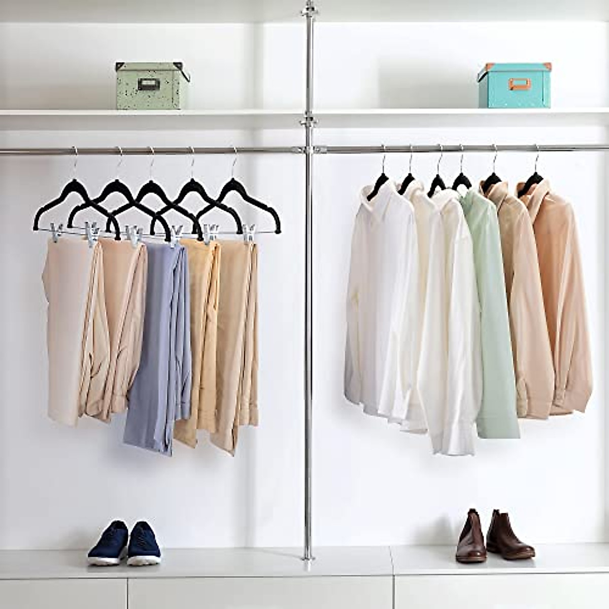 HOUSE DAY Velvet Skirt Hangers 24 Packs Velvet Hangers with Clips Ultra Thin Non Slip Velvet Pants Hangers Space Saving Clothes Hangers for Skirts, Pant, Jeans (Black)