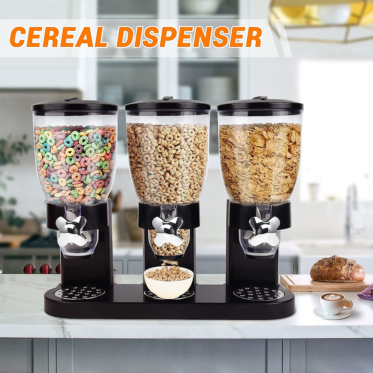 Sishynio Cereal Dispenser for Countertop, Dry Food Dispenser 2L Capacity, Triple Compartment, Airtight Food Storage Container for Rice, Cereal, Nuts