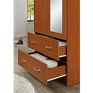 Hodedah Two Door Wardrobe with Two Drawers and Hanging Rod plus Mirror, Cherry