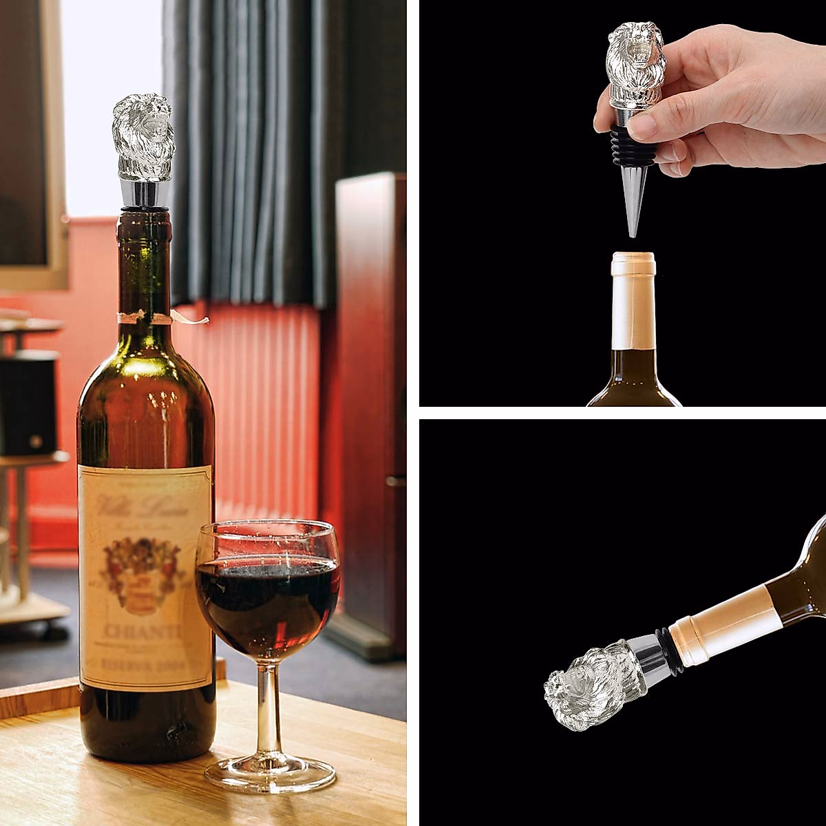 Coitak Lion Head Wine Pourer Spout, Wine Bottle Stopper for Home and bar, Animal Wine Pourer and Stopper With Silicone Rubber Fitting