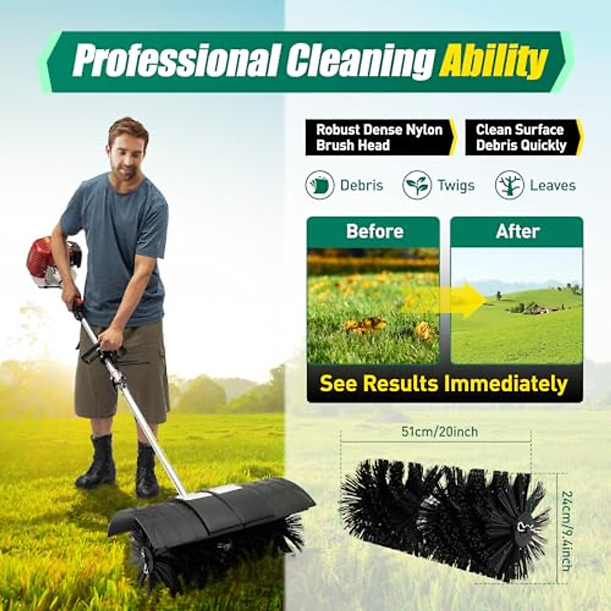 Gas Power Handheld Sweeper, 2 Stroke Hand Held Power Broom Cleaning Driveway Turf Grass Walk Behind Hand Held Cleaning Machine Petrol Power Grass Lawn Sweeper Cleaning Tool (52CC Type1)