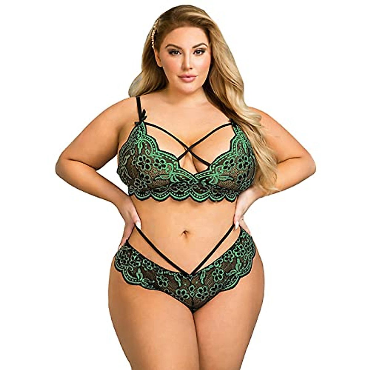 Sexy Lingerie for Women Sexy Naughty Slutty Plus Size Lingerie Floral Embroidery Lace Sheer Bra and Panties Sets Lingerie Green