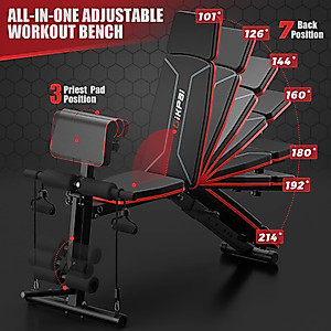 GIKPAL Adjustable Weight Bench, Foldable Workout Bench for Home Gym, Incline Decline Flat Exercise Bench Press for Full Body Strength Training w/Extended Headrest and Leg Extension (Black - New