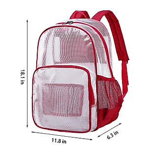 mygreen Heavy Duty Clear Backpack Durable Multi-Pockets See Through Student School Bookbag Waterproof Transparent Beach Girls Travel Bag (Red, Large)