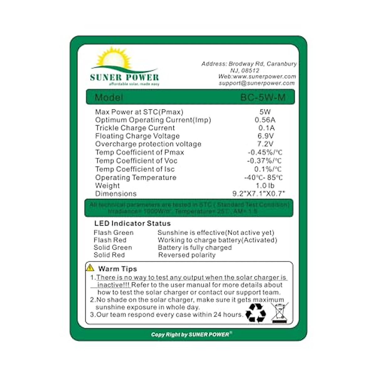 SUNER POWER 6V Solar Battery Charger Maintainer, Waterproof 5W Solar Trickle Charger, High Efficiency Solar Panel Kit, Built-in Intelligent MPPT Controller + Adjustable Bracket + SAE Cable Kits