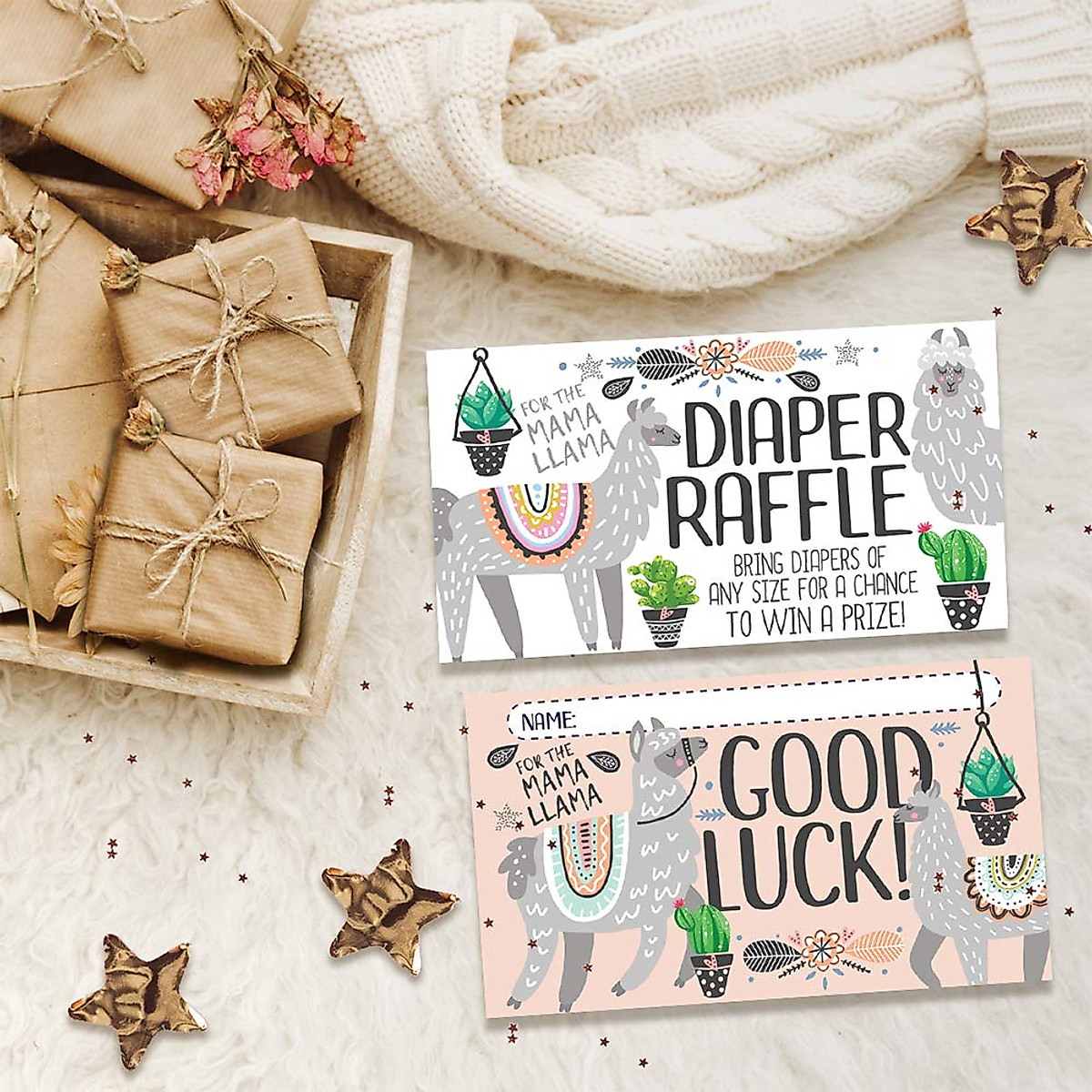 Lone Star Art Diaper Raffle Tickets - Mama Llama Themed Card, Fun Cute Animals and Colorful Baby Shower Games Raffle Sign and Ticket, Neutral Gender, Set of 50 Double Sided Raffle Stationery Cards