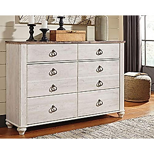 Signature Design by Ashley Willowton Coastal Cottage 6 Drawer Dresser with Faux Plank Top, Whitewash