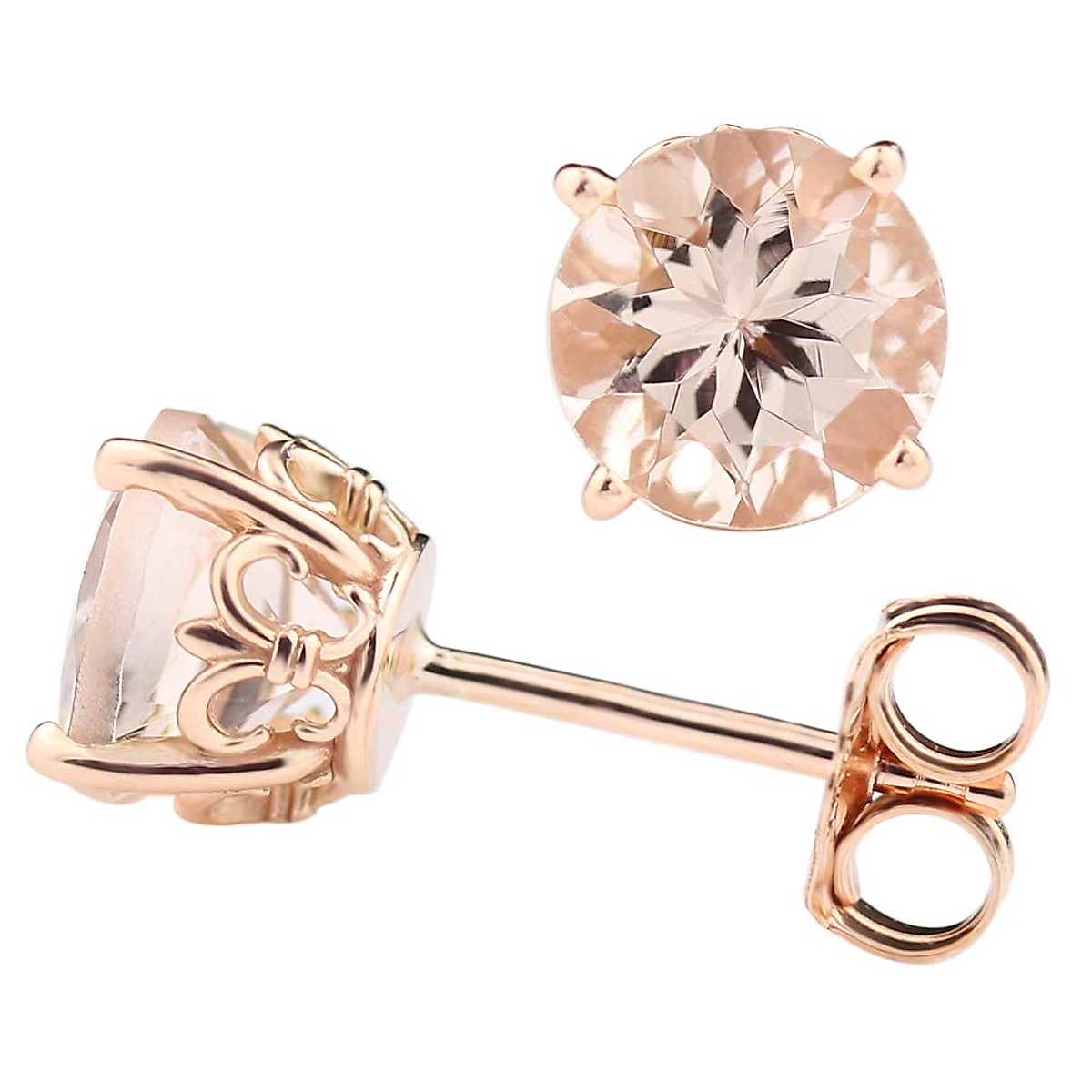 Solid 14k Rose Gold Morganite Fleur-de-lis Stud Earrings (4.5mm Morganite)