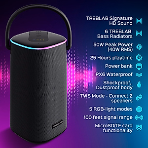 TREBLAB HD-Force - Loud Bluetooth Speaker - 50W Stereo Sound w/Bass, 25H Battery, IPX6 Waterproof, TWS Mode - Wireless Speaker w/Powerbank - Graphite (Renewed)