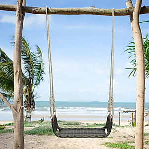 Tangkula 1-Person Rattan Porch Swing, Outdoor Single Swing Chair Bench with Hanging Hemp Ropes for Adults and Kids, Bench Swing for Porch, Yard, Balcony, Tree (Mix Brown)