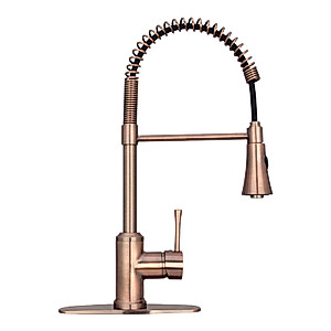 Akicon Antique Copper Pre-Rinse Spring Kitchen Faucet, Single Level Solid Brass Kitchen Sink Faucets with Pull Down Sprayer Modern Style