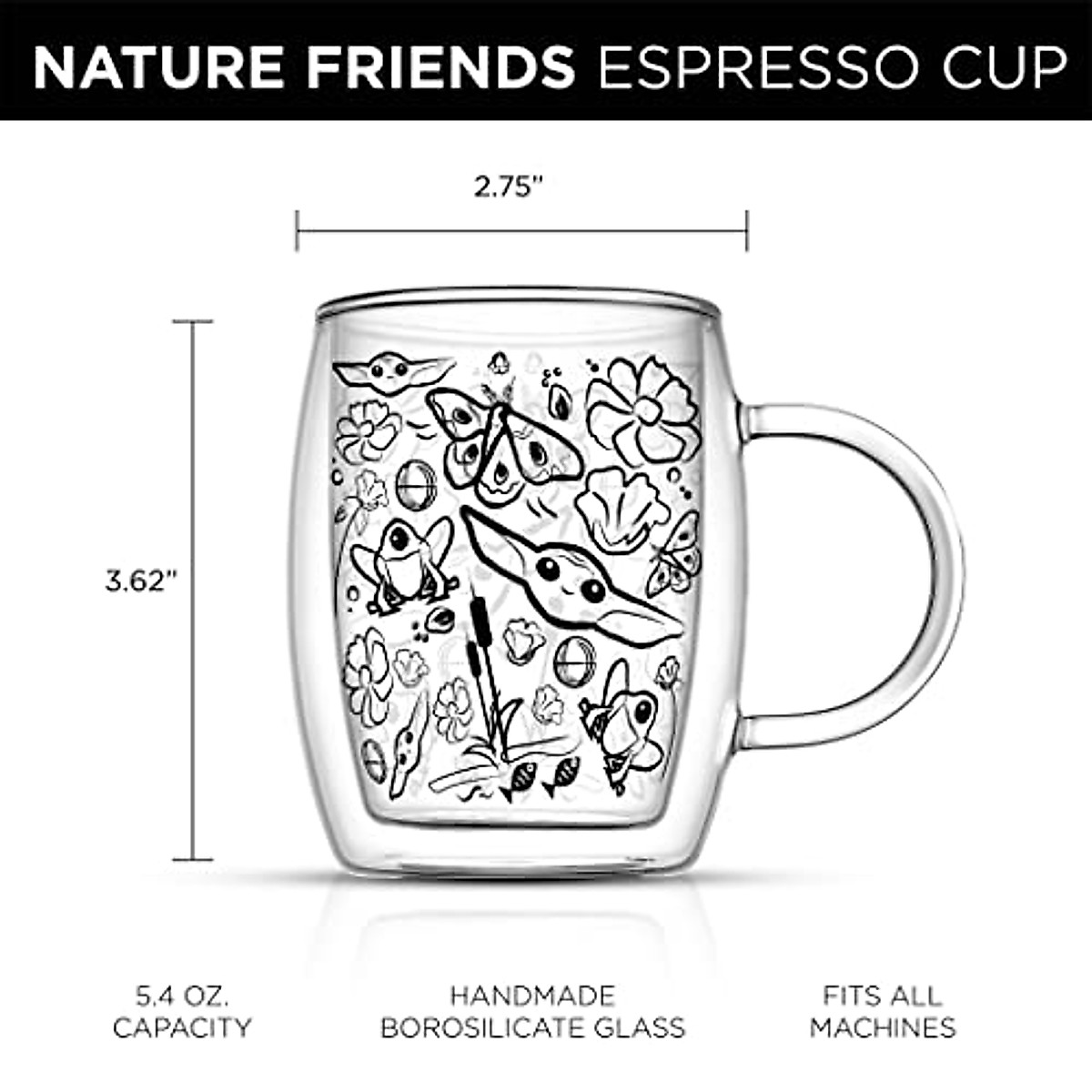 JoyJolt ‘Nature Friends’ Grogu Coffee Mug Set of 2 Double Wall Mug. 5.4oz Large Espresso Cups or Cappucino Cup. Mandalorian Star Wars Mugs, Insulated Coffee Mug, Clear Glass Cups Coffee Cup Set