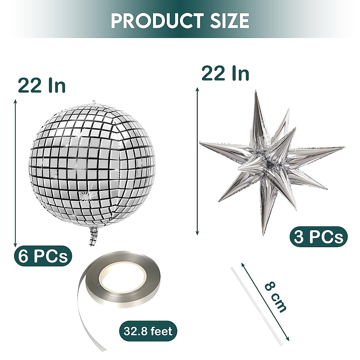 Inflatable Disco Ball Balloons Pack of 9-22” Silver Mylar Foil Disco Party Balloons with Star Balloons, Ribbon & Pipe for New Year's Disco Ball Decorations Party, Bachelorette, Birthday Décor